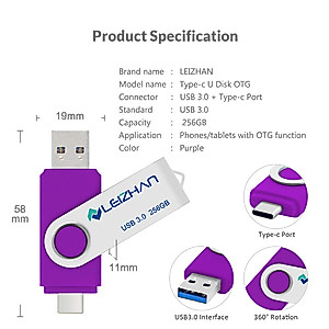 leizhan 256GB USB Flash Drive Type C Phone Picture Stick 3.0 Compatible with HTC 10, Huawei P20, Samsung Galaxy S10, S9, Note 9, S8, S8 Plus, Purple