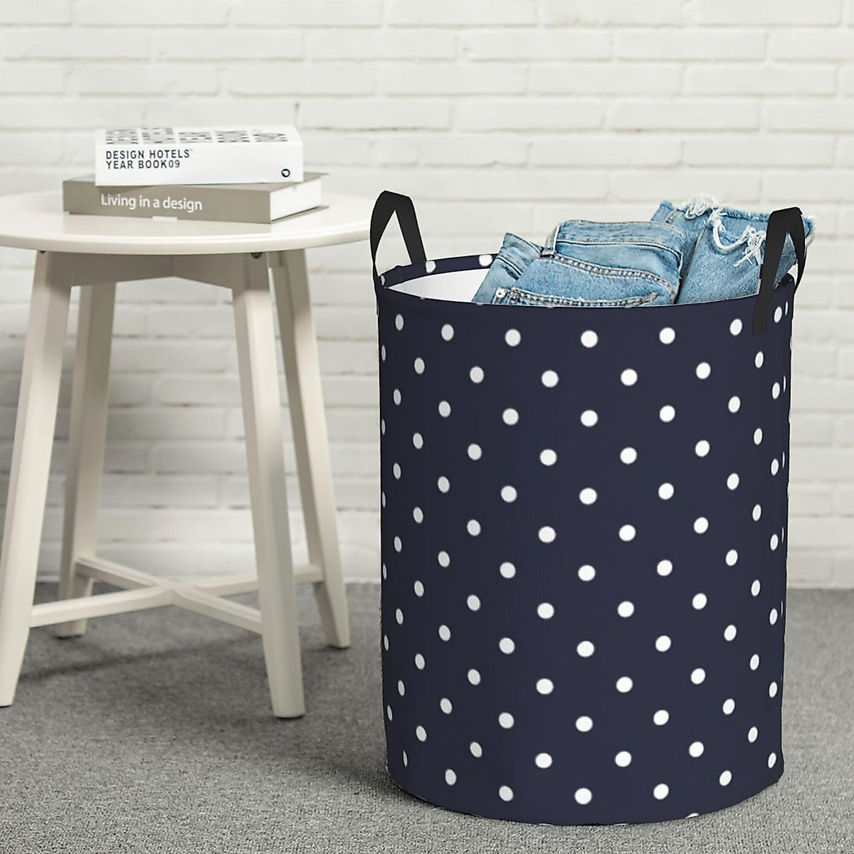 Large Laundry Hamper Bag, Collapsible Laundry Basket Navy Blue Polka Dot Dirty Clothes Storage Washing Bin for Bathroom, Dorm Essentials
