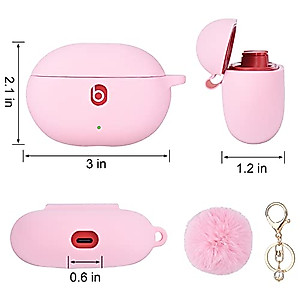 Pink Case for Women Cute Designed for Beats Studio Buds Case Cover with Pom pom, Silicone Protective Keychain Cover Compatible with Beats Studio Buds 2021, Accessories Keychain and Pom pom