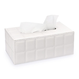 Sumnacon Rectangular Leather Tissue Box Cover - Stylish Tissue Box Holder with Magnetic Bottom, Decorative PU Tissue Box for Vanity Dresser Night Stand Table Countertop Home Office Car,Grid White