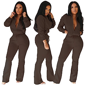 Bluewolfsea Tracksuit for Women Set - Two Piece Outfits Casual Long Sleeve Zip Top Sweatshirt + Bell Bottoms Jogging Sets Medium Brown