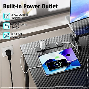 OMICON Computer Desk with LED Light, 42-55 Inch Gaming Desk with Reversible Storage Shelves, Office Desk with Power Outlets Corner Desk for Home Office, Small Space Desk Black Carbon Fiber (42)