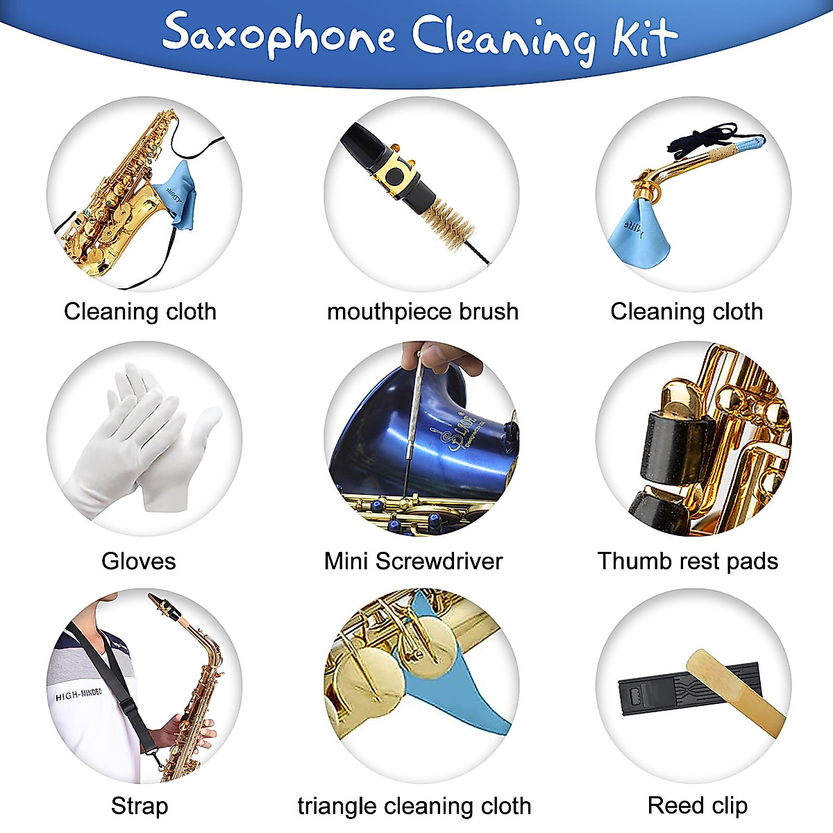 YZNlife Saxophone Cleaning kit with Case for Alto Tenor Clarinet Flute and other Wind & Woodwind Struments Including Sax Cleaning Cloth(4pcs),Mouthpiece Brush Thumb Rest Cushion Reed Case,(Blue)