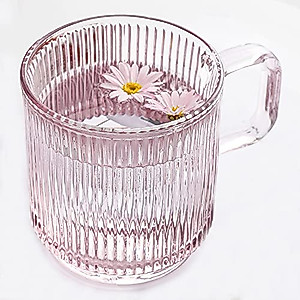 Lysenn Pink Glass Coffee Mug with Lid - Premium Classical Vertical Stripes Glass Tea Cup - for |Latte|Tea|Chocolate|Juice|Water| - Unleaded - Bamboo Lid - 12.5 Ounces