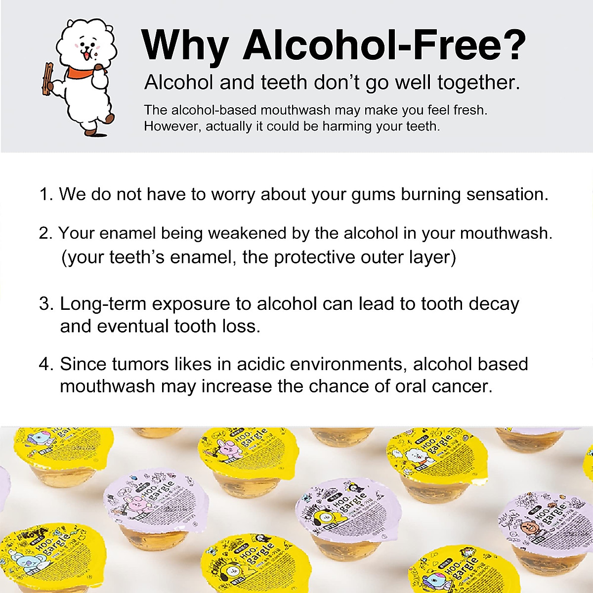 BT21 Hoo Mouthwash, Single Size Mouthwash for Fresh Breath on The go. Airline Friendly Liquid Travel Portable Oral Care Mouthwash, Alcohol Free for Work Smokers, 8 Cups/Set, Autograph Included