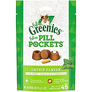 Greenies Feline Pill Pockets for Cats Natural Soft Cat Treats, Catnip Flavor, 1.6 oz. Pack (45 Treats)