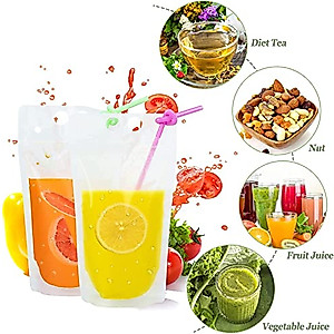 100 Pcs Drink Pouches for Adults Stand-Up Juice Pouches, Hand-Held Reclosable Drink Bags Plastic Zipper Juice Bags with Straws Silicone Funnel(Come with 100 Pcs Round Stickers)