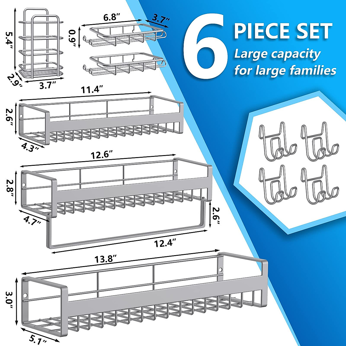 Kayfia Shower Caddy 6 Pack Large Capacity Adhesive Shower Shelves Bathroom Shower Organizer No Drilling Wall Mounted Shampoo Holder Shower Storage Rack for Inside Shower (Silver Grey)