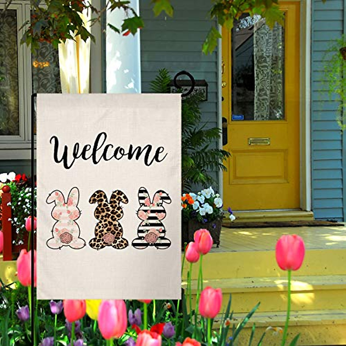 Welcome Easter Bunny Garden Flag Vertical Double Sided Burlap Yard Spring Rabbit Outdoor Decor 12.5 x 18 Inches