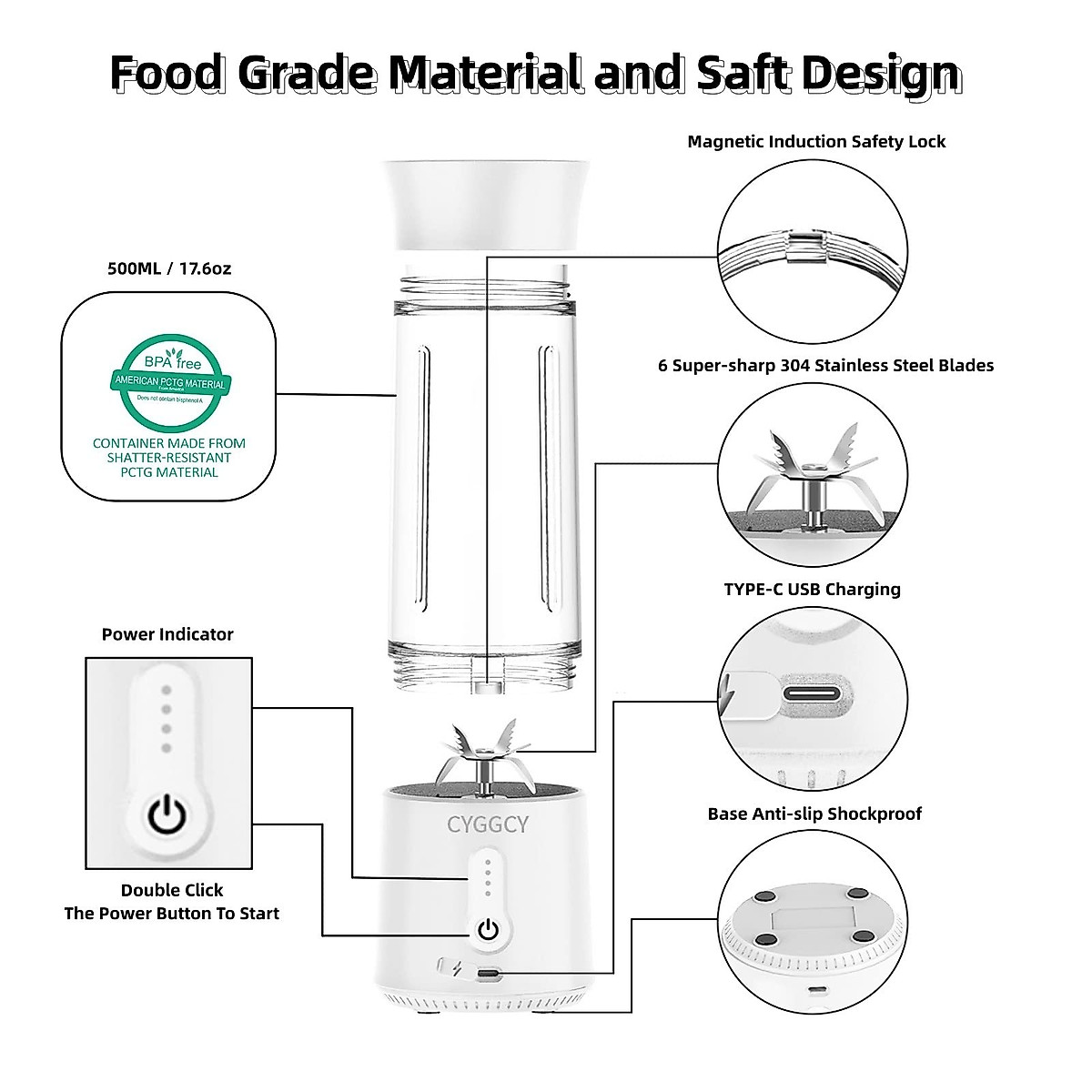 Portable Blender, Personal Blender for Shakes & Smoothies,Mini blender 17.6Oz,Juicer Cup with 6 Blades and 4000mAh USB Rechargeable,Kitchen,Home,Travel, BPA-Free(white)