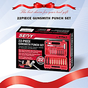 SEDY 22-Pieces Roll Pin Punch Set, Roll Pin Starter Punch, Brass, Steel, Plastic Punches, 4 Heads Hammer & 1 Plastic Tweezers. Red Storage Carring Case provided