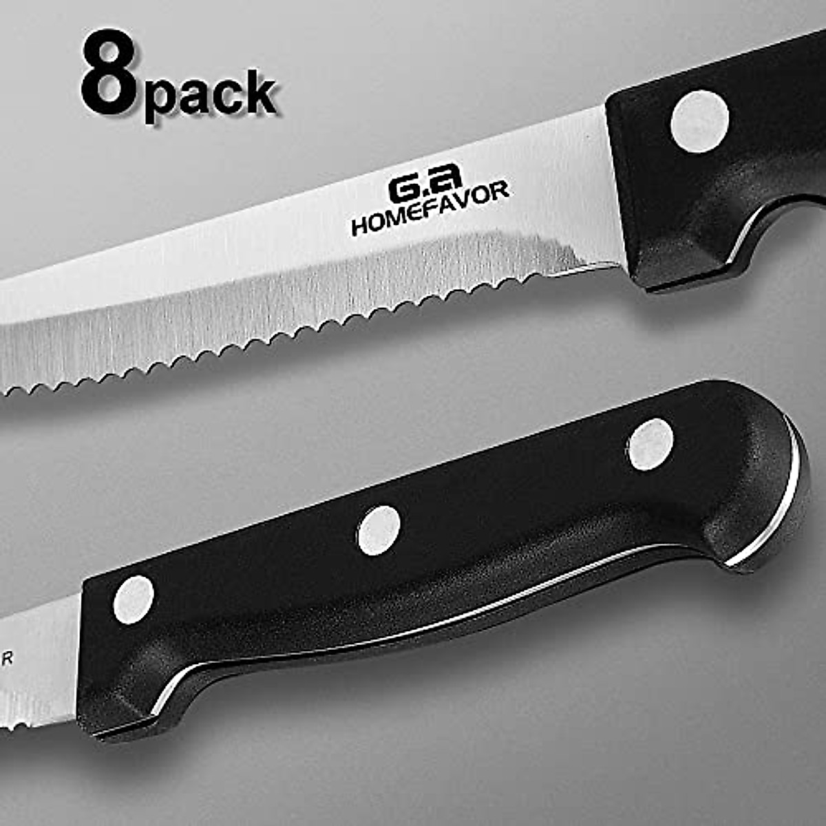 G.a HOMEFAVOR Steak Knife Set Stainless Steel, 8 Pieces Full Tang Sharp Serrated Knives Cutlery Set, Black