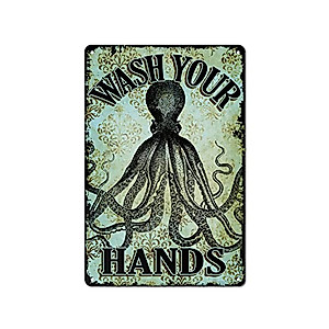 Octopus Wash Your Hands Bathroom Wall Metal Sign