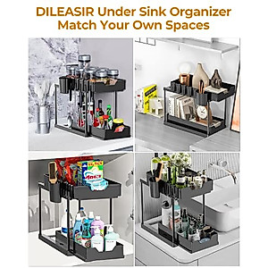 Under Sink Organizers and Storage Bathroom Organizer, 2 Tier Under Sliding Kicthen Cabinet Basket Organizer with Hooks, Hanging Cup, Dividers, Handles, Multi-purpose Under Sink Shelf Organizer, Black