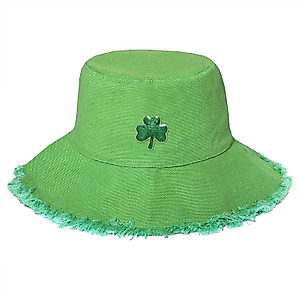 NLCAC St Patricks Day Hat Green Shamrock Bucket Hat Cotton Frayed Trim Summer Beach Sun Hats for Women (Green)