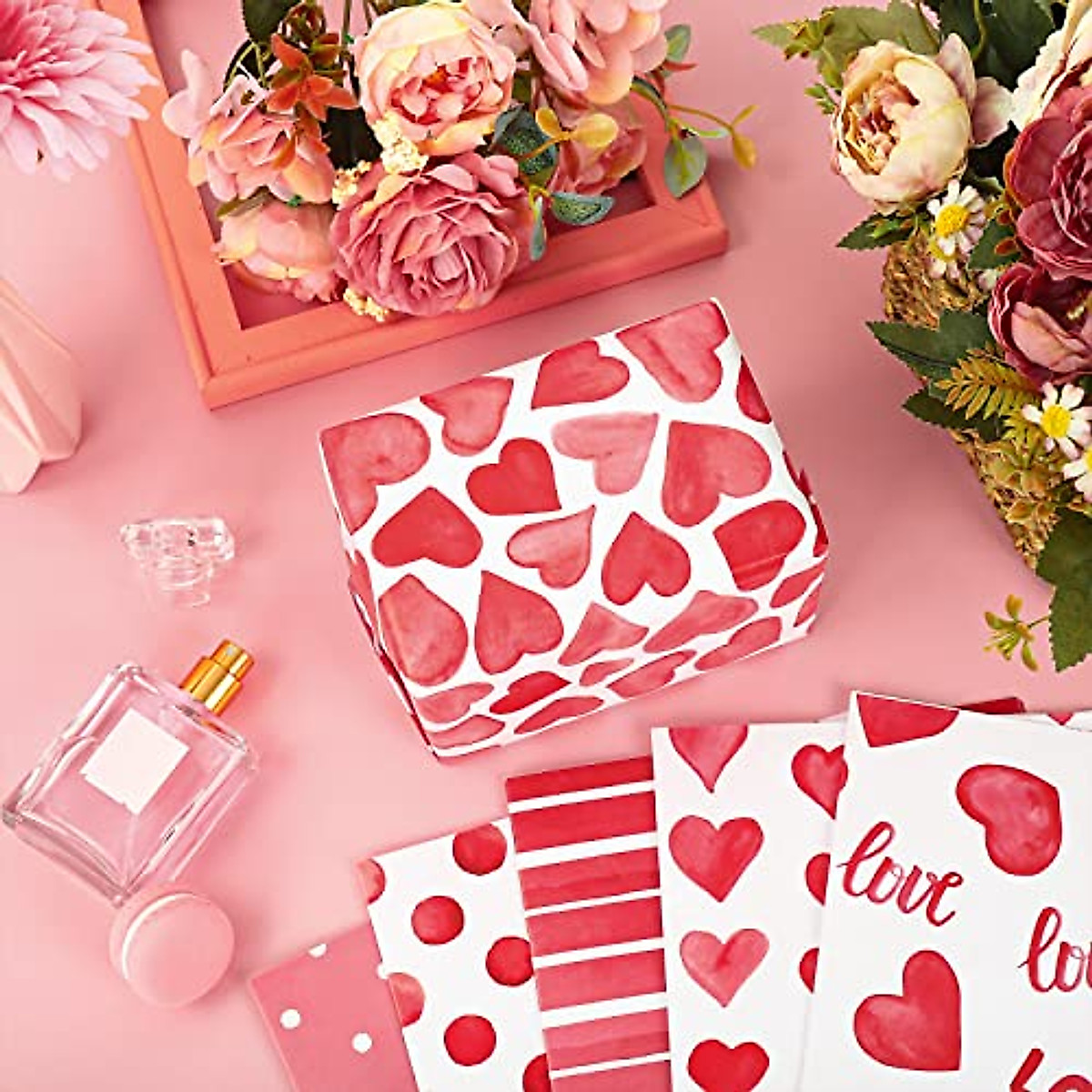 Whaline 12 Sheet Valentine's Day Wrapping Paper 6 Design Watercolor Love Heart Dots Wrapping Paper Red White Patterned Art Paper for Wedding Anniversary Baby Shower Birthday Gift Packing, 20 x 28 In