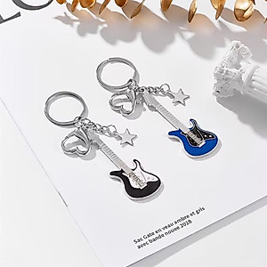 JINZHOUFZ Punk Music Bass Electric Guitar Keychain, Guitar Love Heart Star Key Teens Girls Music Lovers (black)