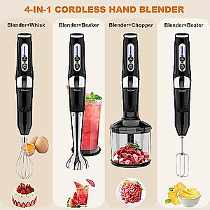 Cordless Immersion Blender: 4-in-1 Cordless Hand Blender Rechargeable, 21-Speed & 3-Angle Adjustable with 304 Stainless Steel Blades, Chopper, Beaker, Whisk and Beater for Milkshakes | Smoothies | Soup| Puree | Baby Food (Black)