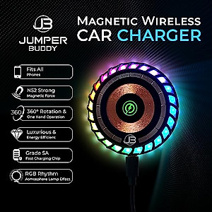 JUMPER BUDDY for MagSafe Magnetic Phone Mount Wireless Charger | Music Reactive Lights - Car Cell Phone Holder | Car Mount Universal Air Vent Clip Car Charger for iPhone 15/14/13/12, 360° Rotation