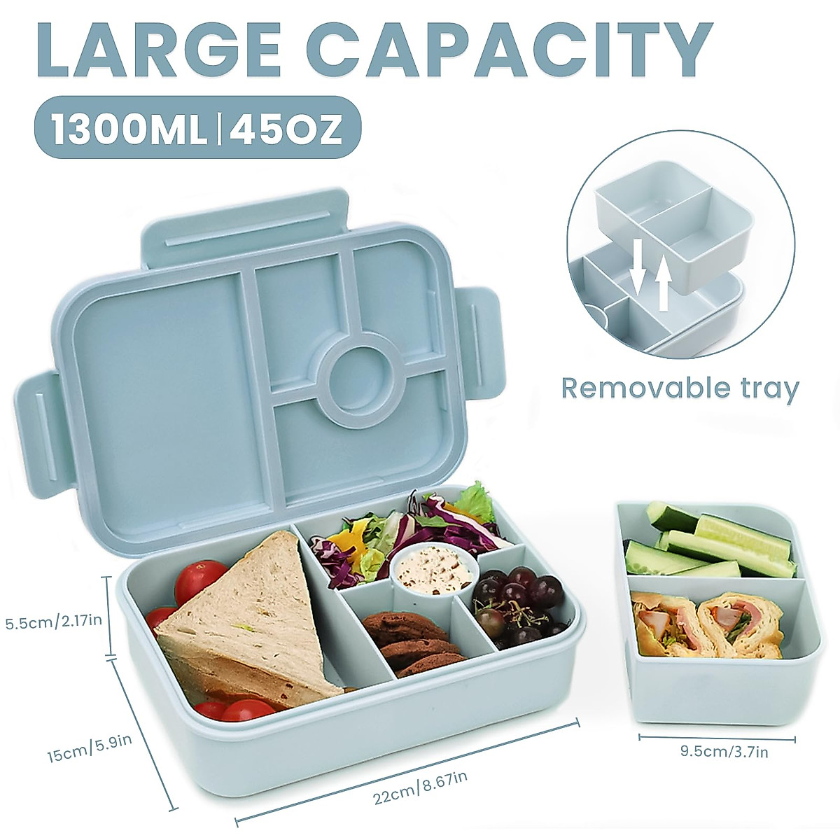 Bugucat Bento Box Adult Lunch Box, 1300Ml/45OZ Leak-Proof Lunch Box with 4 Compartments Cutlery Sauce Container, Lunch containers for Adults/Kids/Toddler Suitable for School