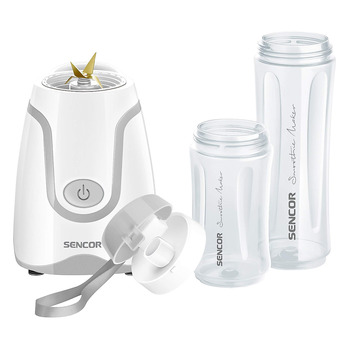 Sencor Smoothie Blender, Blender for Fitness Shakes and Smoothies, Portable Personal Blender for Frozen Protein Juice Drinks. Smoothie Maker with Extra Blender Cup and Lid. 300w WHITE