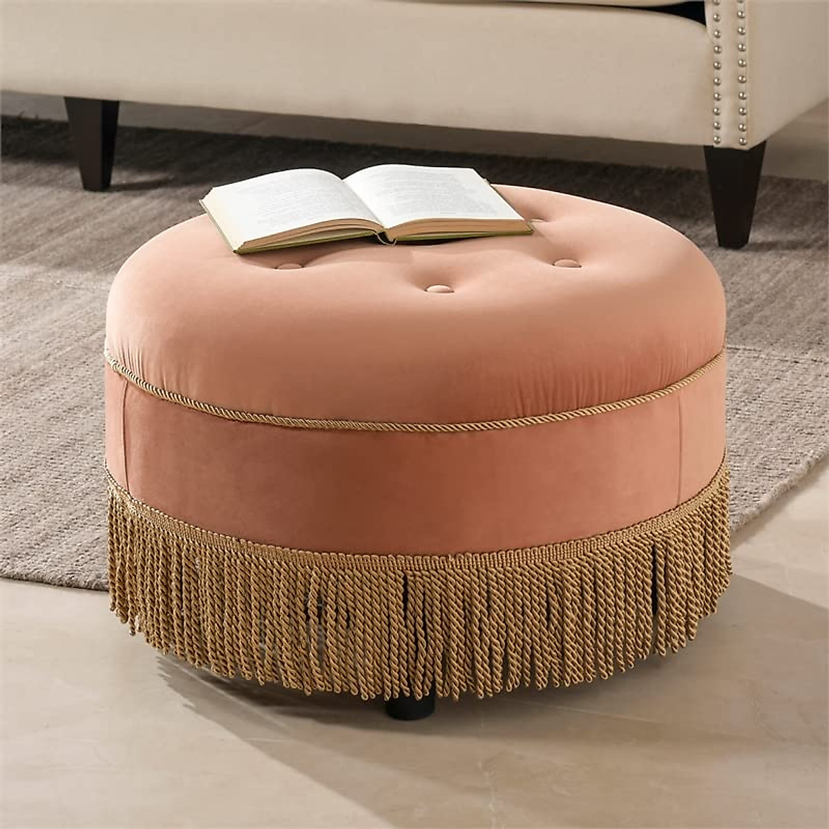 Jennifer Taylor Home Yolanda Upholstered Round Accent Ottoman, Peach Orange Velvet with Gold Trim