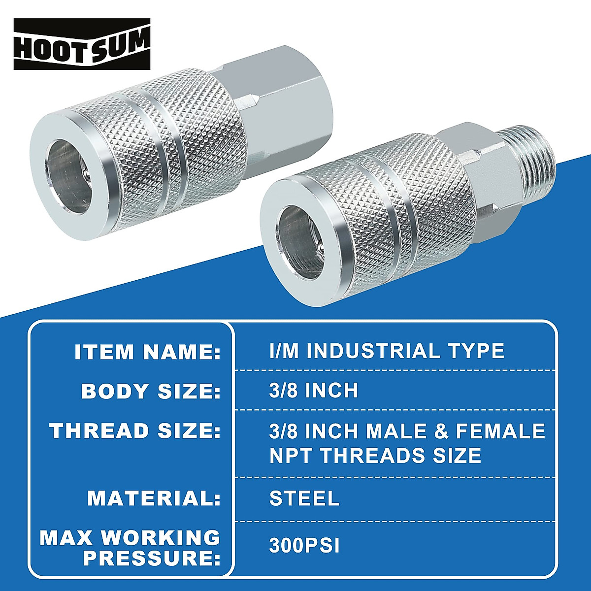 HOOTSUM 3/8’’ Air Hose Quick Connect Fittings, High Flow 3PCS 3/8” Air Coupler and 6PCS 3/8” Air Plug with 3/8 Inch NPT Threads, I/M Industrial Type 10PCS Air Compressor Accessories Connection Kit