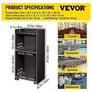 VEVOR Wood Podium, 23.6" x 47.2", Lecterns and Podiums w/ 4 Rolling Wheels, Flat Surface, Baffle Plate & Shelf, Easy Assembly Ebony Lecterns for Church, Office, School, Home Black