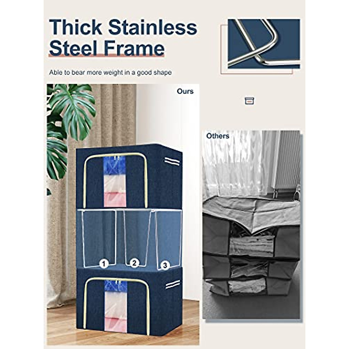 2-Pack Clothes Storage Container Set - Homlab 72L x 2 Closet Organizer Boxes With Steel Frame, Foldable Large Blanket Bins, Thick Oxford Fabric, Waterproof, Clear Window, Reinforced Handle, Zipper (Blue)