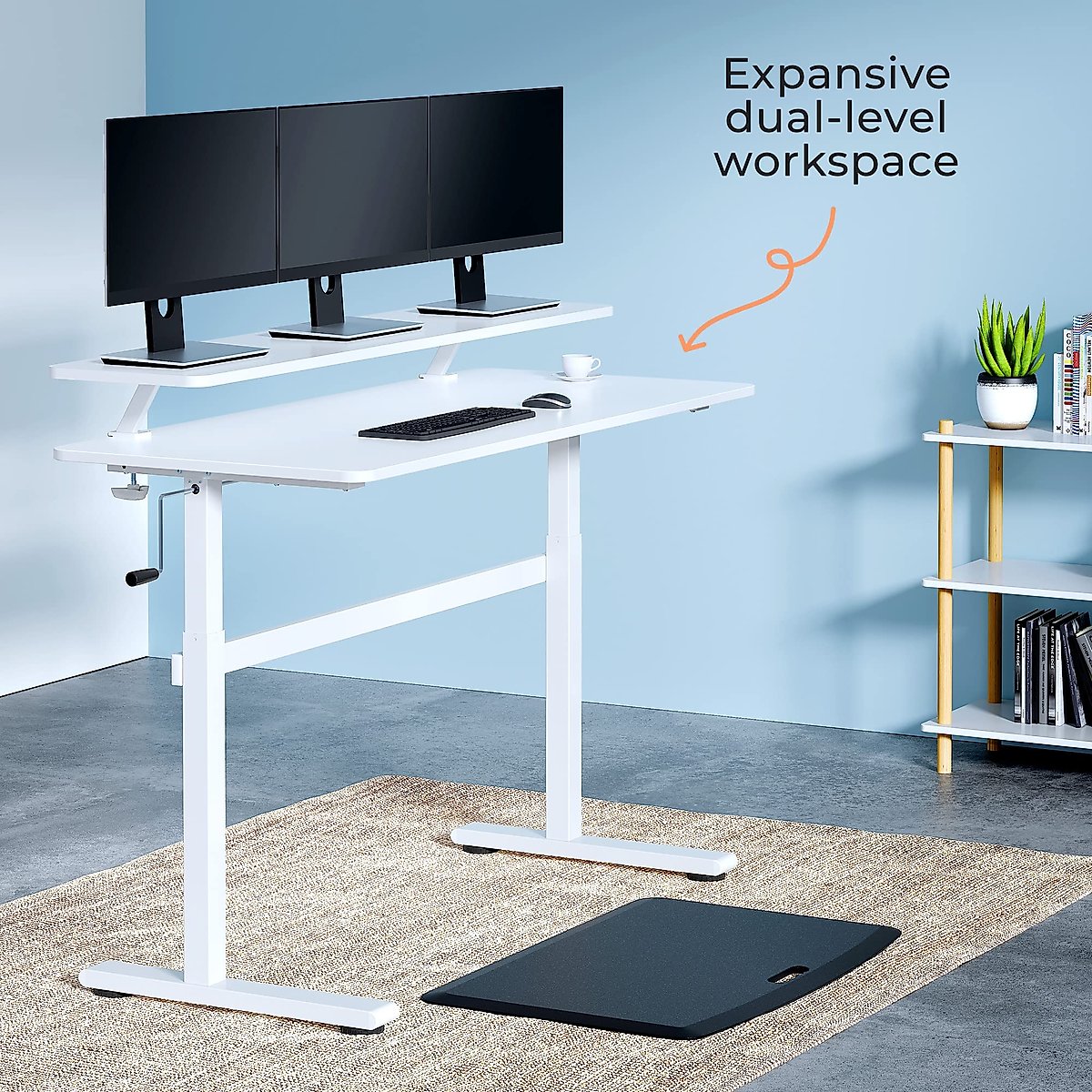Stand Steady Tranzendesk 55 Inch Standing Desk with Clamp-On Shelf | Crank Height Adjustable Stand Up Workstation with Attachable Monitor Riser | Extra Large Sit Stand Desk Hold 3 Monitors (White)