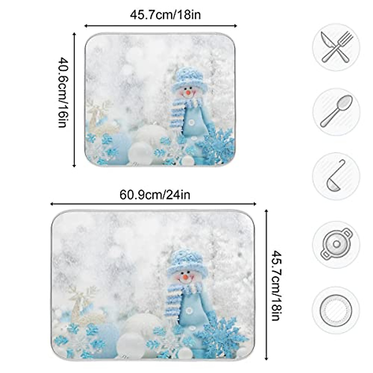 xigua Christmas Snowman Dish Drying Mat for Kitchen Counter,Texture Ultra Absorbent Reversible Microfiber Dishes Drying Rack Pad Heat-resistant Mats 16x18in