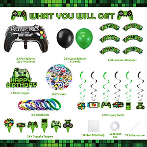 Green Gamer Birthday Party Decoration - 217Pcs Video Game Gaming Party Supplies For Boys Birthday Party - Backdrop, Table Cover, Plates, Cups, Napkins, Utensils, Hanging Swirls, Cupcake Topper, Cake