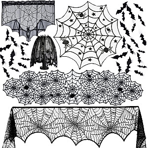 Anditoy 6 Pack Halloween Decorations Sets Spider Webs Tablecloth Fireplace Scarf Runner Round Cobweb Table Cover Lampshade Door Curtain with 24pcs 3D Bats for Halloween Decor Indoor Party Supplies