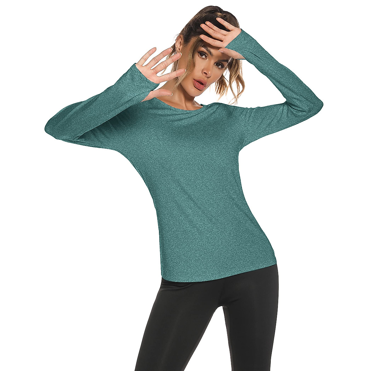 Back Long Sleeve Workout Tops for Women with Thumb Hole Backless Crewneck Gym Yoga Shirts Green