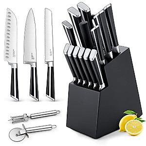 Knife Sets for Kitchen with Block, E-far 17-Piece High Carbon Forged Stainless Steel Knife Set Includes Chef Utility Paring Steak Serrated Bread Santoku Knife Sharpener - Full Tang Design
