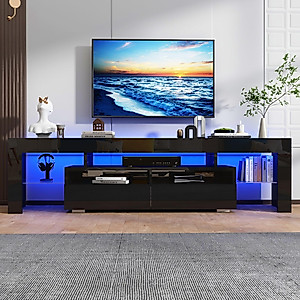 Uspeedy 70in TV Stand for 75/80 inch TV,Modern LED TV Stand for Living Room,Black TV Stand,High Gloss TV Entertainment Center with Storage Drawer,APP RGB Light,TV Console(71in Black)