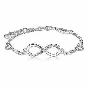 ELEGANZIA Infinity Bracelet for Women Sterling Silver Jewelry Cubic Zirconia, Adjustable Bracelet with Love Heart Charm Bracelet