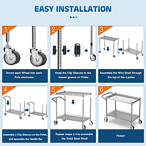 Leteuke 2 Tier Utility Cart with Wheels, NSF Certified 900LBS Capacity Heavy Duty Rolling Utility Carts with Handle Bar, Commercial Grade Metal Serving Storage Cart for Warehouse Garage Kitchen,Silver