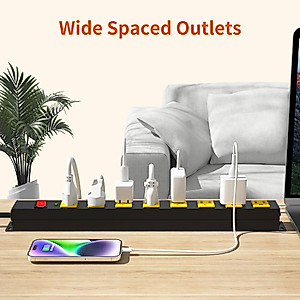 8 Outlet Long Power Strip, 2100J Surge Protector Heavy Duty 6FT Cord Wide Spaced and Wall Mount Metal Powerstrip for Home Office Garage Workshop