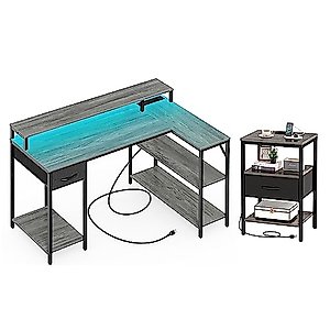 SUPERJARE L Shaped Gaming Desk with LED Lights & Power Outlets and
