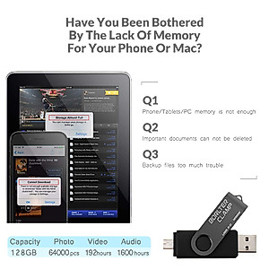 BorlterClamp 128GB USB Flash Drive Dual Port Memory Stick, OTG Thumb Drive with Micro USB Drive Port for Android Smartphone Tablet & Computer (Black)