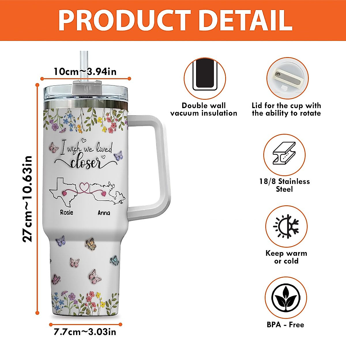 Wrappiness I Wish We Lived Closer Tumbler 40oz - Personalized 3D Inflated Effect Tumbler Long Distance Friendship - Custom State to State Mug Going away Gift (A12, 2 People)