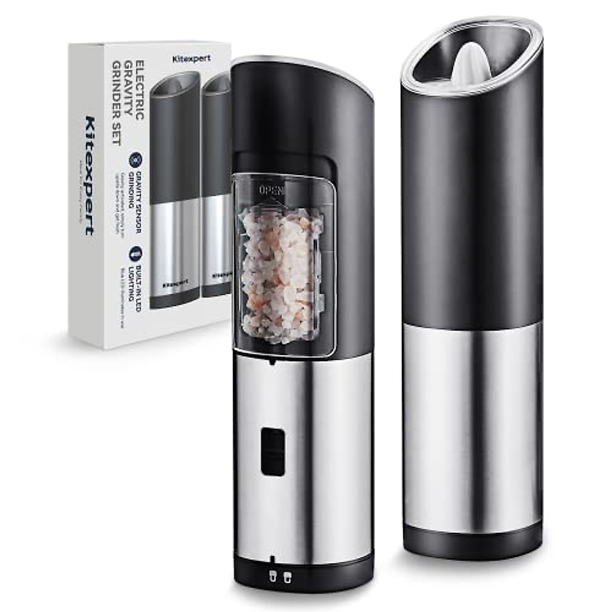 Automatic Salt and Pepper Grinder Set - Kitexpert Gravity Electric Salt and Pepper Mill Battery Operated - One Handed Operation with Light - Up to 5 Adjustable Grinding Levels