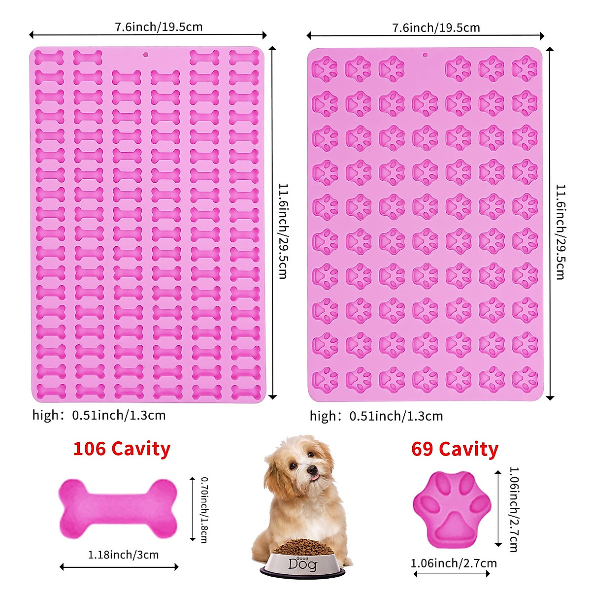 2 Pcs Mini Silicone Molds 106 Cavity Dog Bone Mold 69 Cavity Paw for Chocolate, Fondant, Candy, Biscuits, Cookie, Jelly And Dog Training Commands Concept
