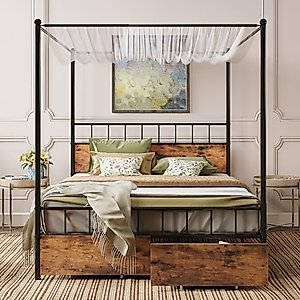 LIKIMIO Canopy Bed Frame Full with Wooden Headboard and Drawer, Full Size Bed Frame with 4 Removable Sturdy Posts, Noise Free, No Box Spring Needed, Vintage Brown