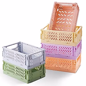 HUUSMOT 6-Pack Pastel Storage Crates, Mini Plastic Crates, Small Baskets for Organizing, Collapsible Storage Crates for Bedroom Decor Classroom Office Kitchen Home (5.8"x 3.8" x 2.2")