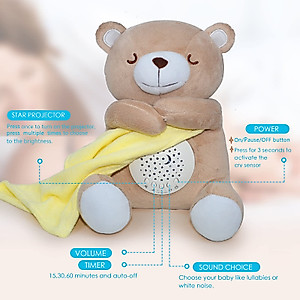 Baby Sleep Soother, Cry Activated Sensor Teddy Bear Lullabies & Mom Heartbeat, White Noise Machine, Nursery Toddler Star Night Light Projection Sleep Aid, Unique Baby Girl, Baby boy and New Baby Gifts
