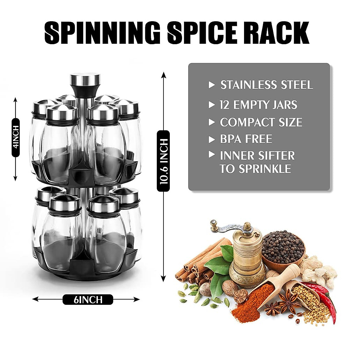 Revolving Spice Rack Organizer Countertop, Spinning Spice Storage Rack Tower Organizer with 12 Empty Jars, Rotating Spice Holder Shelf Seasoning Rack Shelf, Spice Seasoning Bottle Organizer