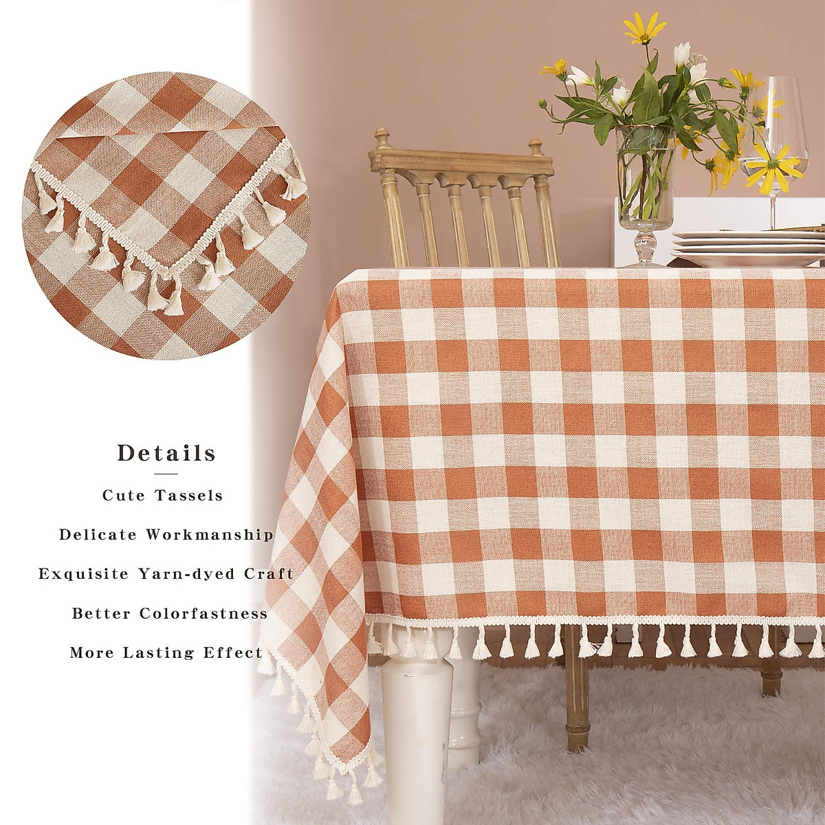 Midsummer Breeze Rustic Gingham Tablecloth, Cotton Buffalo Plaid Table Cloth for Fall Thanksgiving Christmas Kitchen Restaurant Holiday Outdoor Picnic Decoration（Rectangle/Oblong, 55x84,Orange