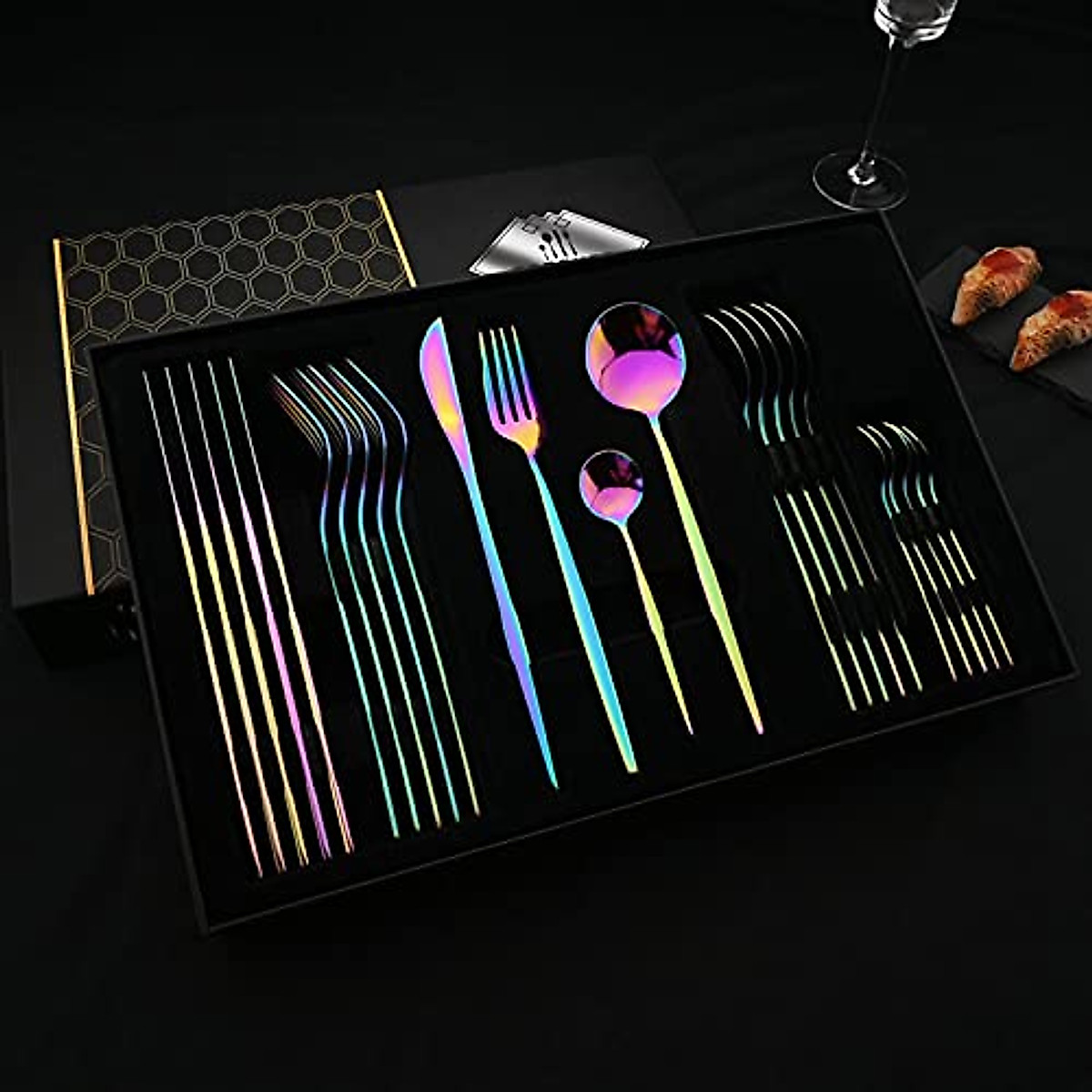 Uk_18_knife 24Pcs Rainbow Flatware Set Dinnerware Cutlery Set Stainless Steel Restaurant Silverware Tableware Steak (Color : Red Gold)